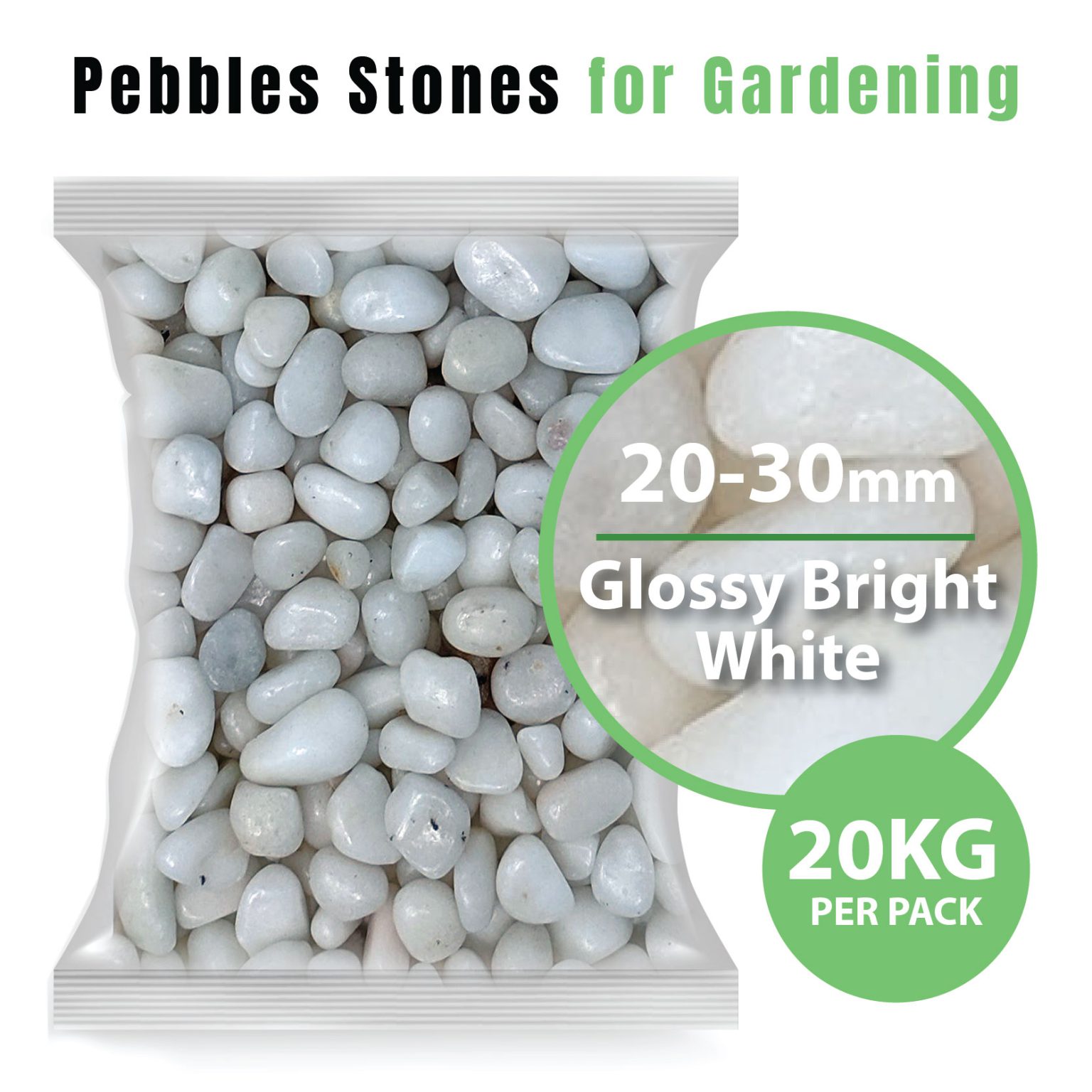 Pebbles & Stones for Gardening (Glossy Bright White) - 20~30mm - Greenspade